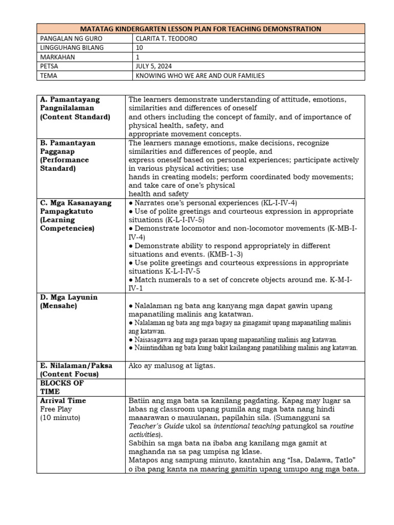 Matatag Kindergarten Lesson Plan For Teaching Demonstration 1 | PDF