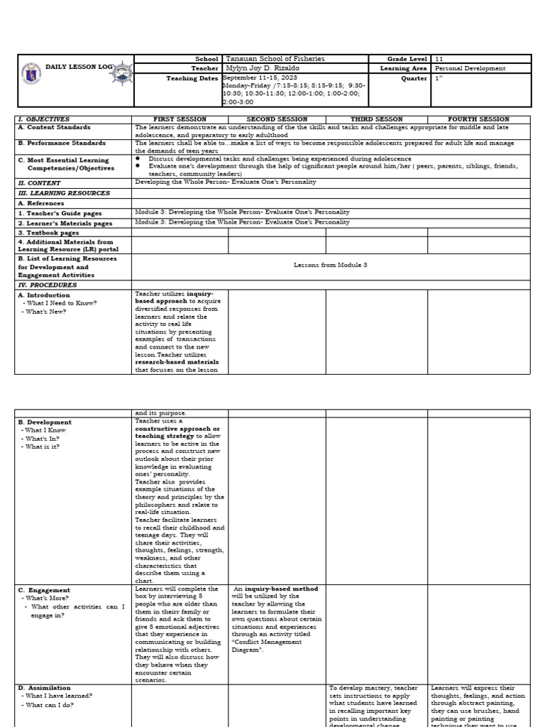 PERSONAL DEVELOPMENT-DLL WeeK 3 | PDF | Learning | Teachers