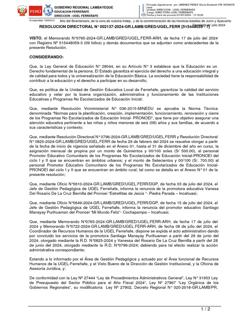 Resolucion Directoral #002137-2024-GR - Lamb/gred/ugel - Ferr (515448059 - 7) | PDF | Educación ...