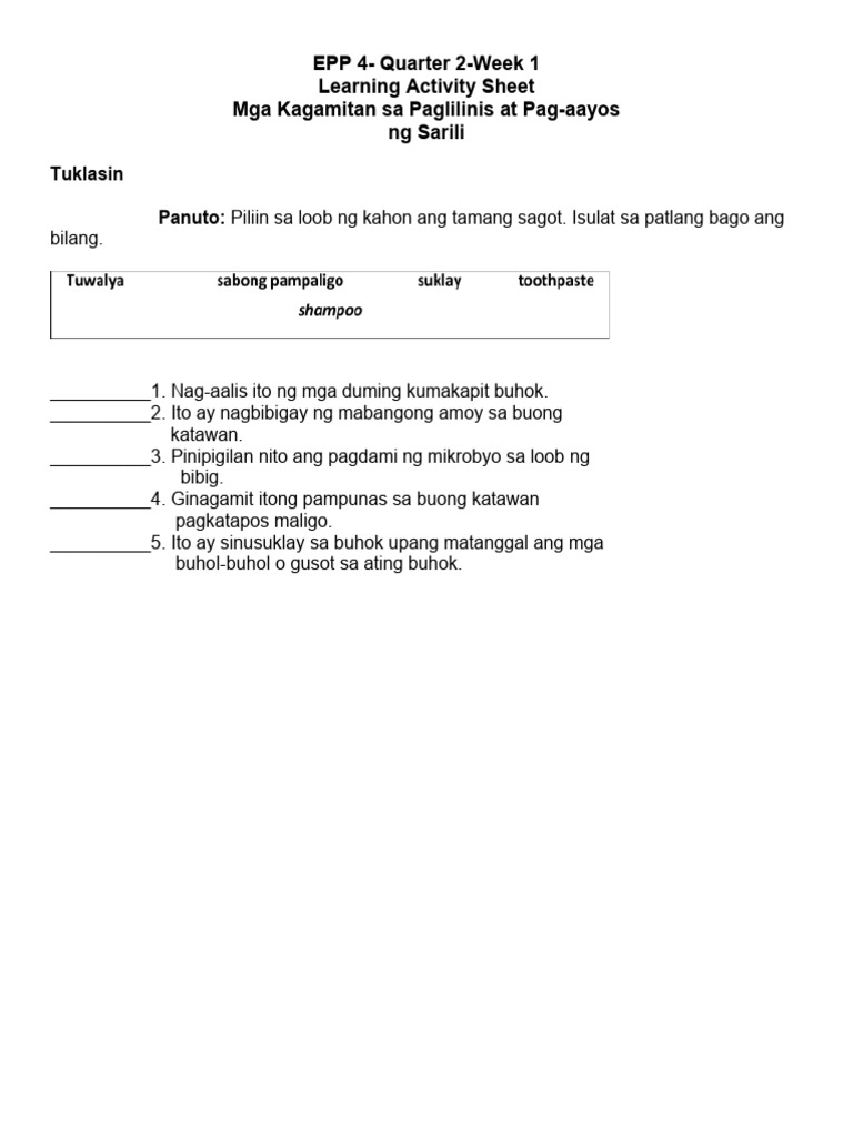 Gr.4 Quarter 2-Week 1-Learning Activity Sheet-EPP | PDF