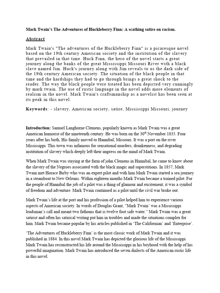Mark Twain's Huckleberry Finn A Scathing Satire On Racism | PDF ...