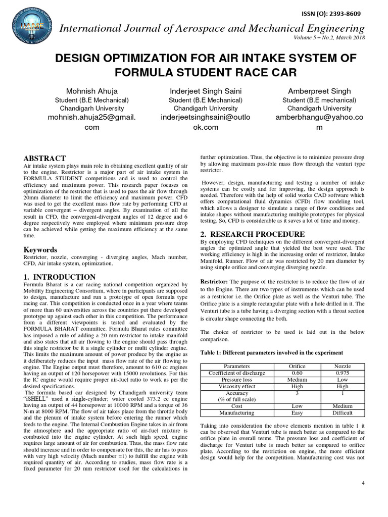 Design Optimization For Air Intake System of | PDF | Compressible Flow | Fluid Dynamics