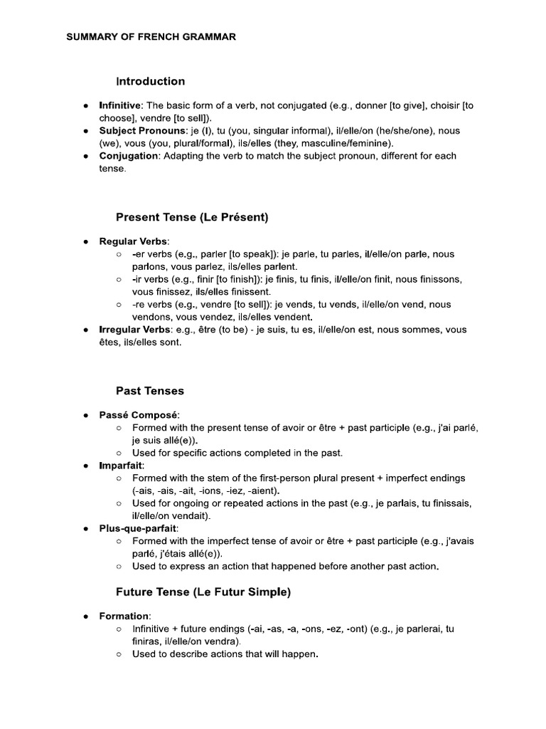 Summary of French Grammar | PDF