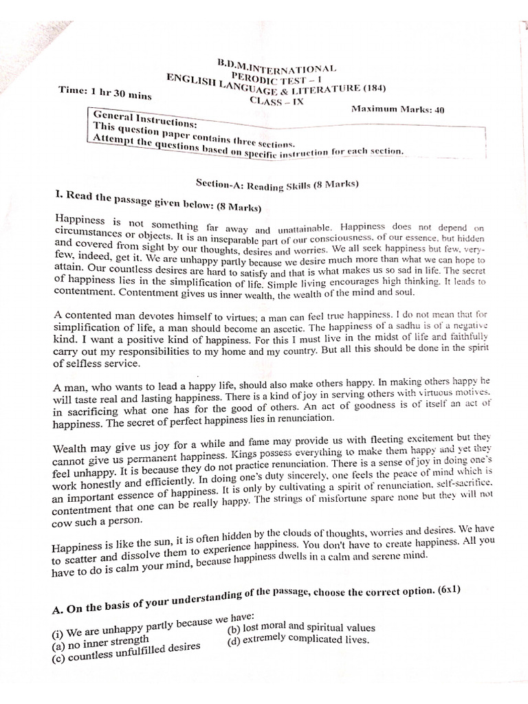 English pt-1 Question Paper | PDF