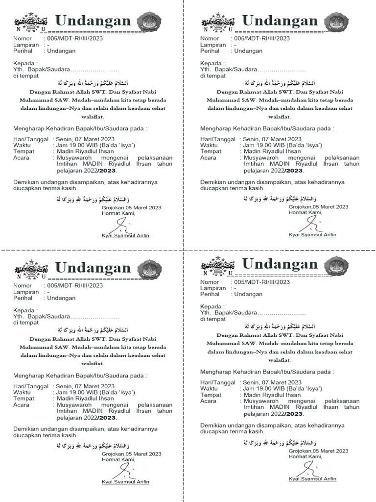 Undangan Musyawarah Imtihan MADIN | PDF