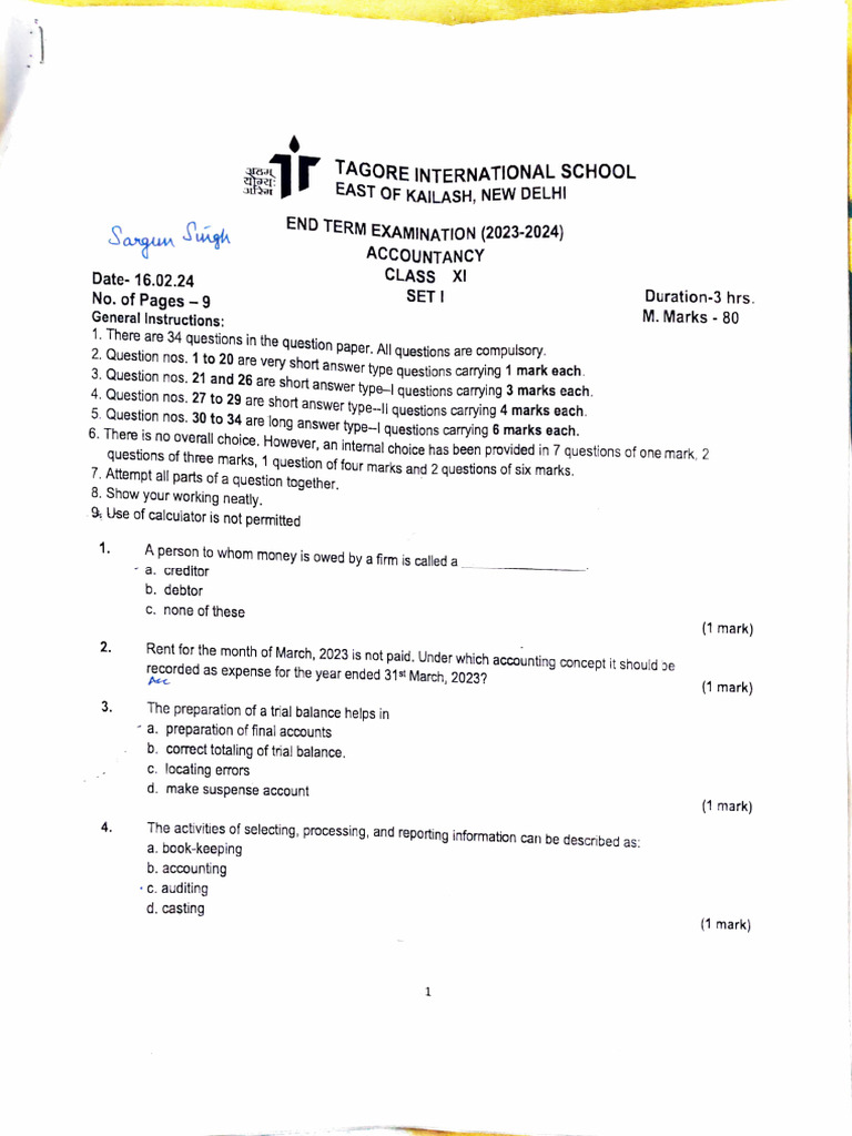 Accountancy Question Paper Tagore International School, February 16 ...