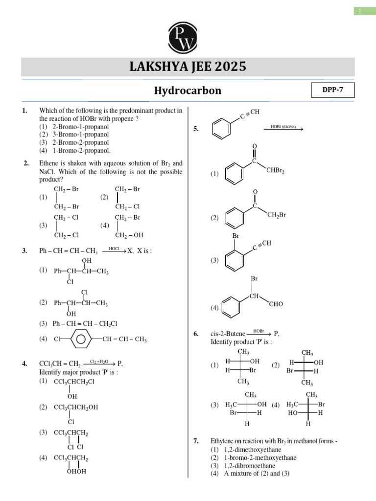 Hydrocarbon - DPP 07 - Lakshya JEE 2025 | PDF | Chemical Compounds | Chemistry