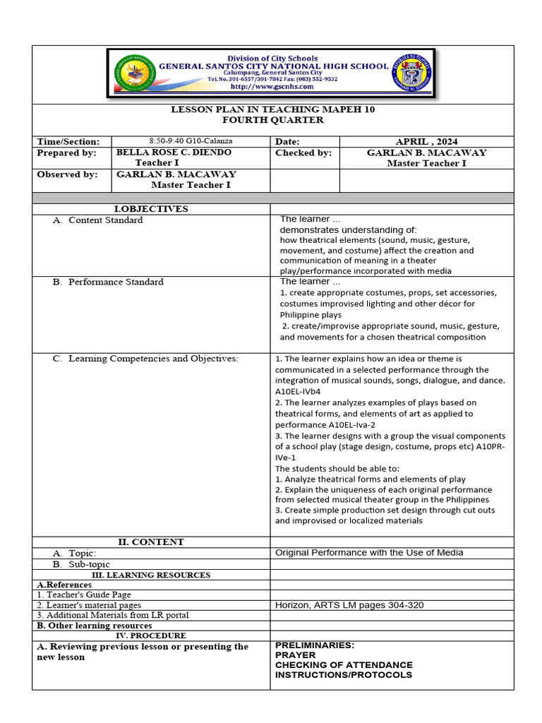 Q4-ARTS-Lesson-Plan | PDF | Learning | Lesson Plan