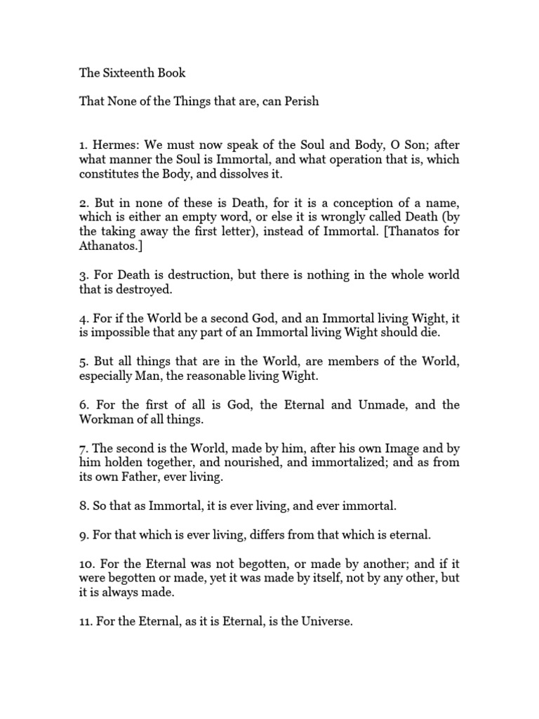 Hermes Trismegistus - Book XVI That None of The Things That Are Can Per ...