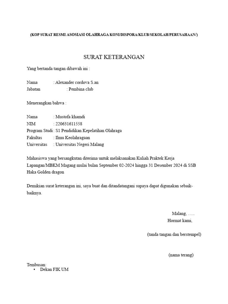 Contoh Surat LOA Magang Universitas | PDF