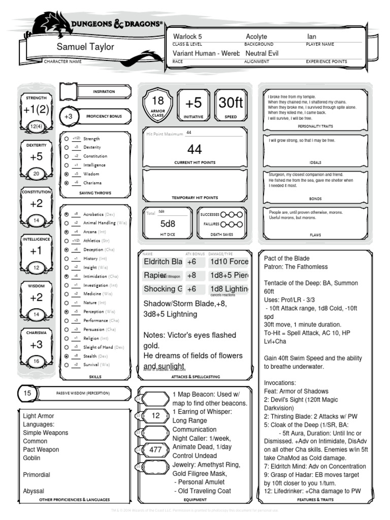 Samuel (DND Character - Warlock, Fathomless, Blade) | PDF