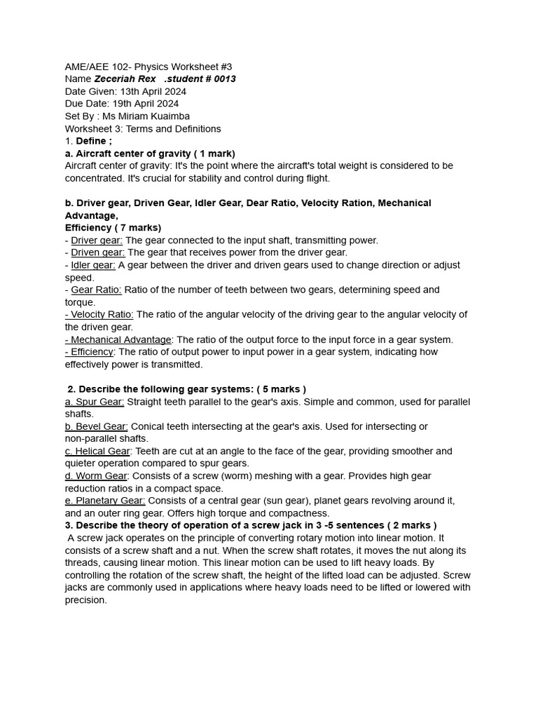 Physics Gear Systems Worksheet | PDF