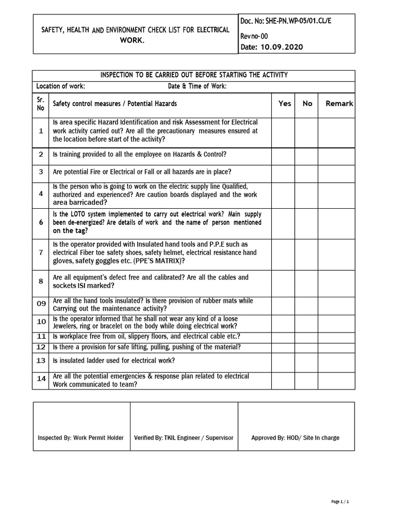 Electrical Work Permit Checklist | PDF