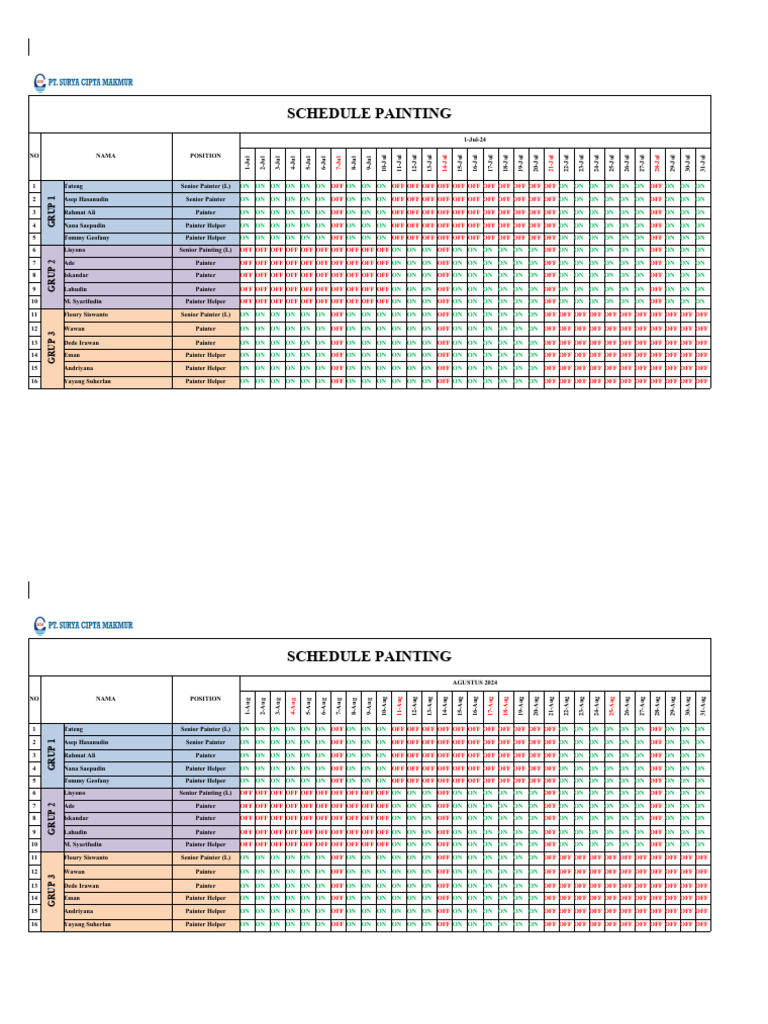 Schedule Rolling Painting Juli | PDF