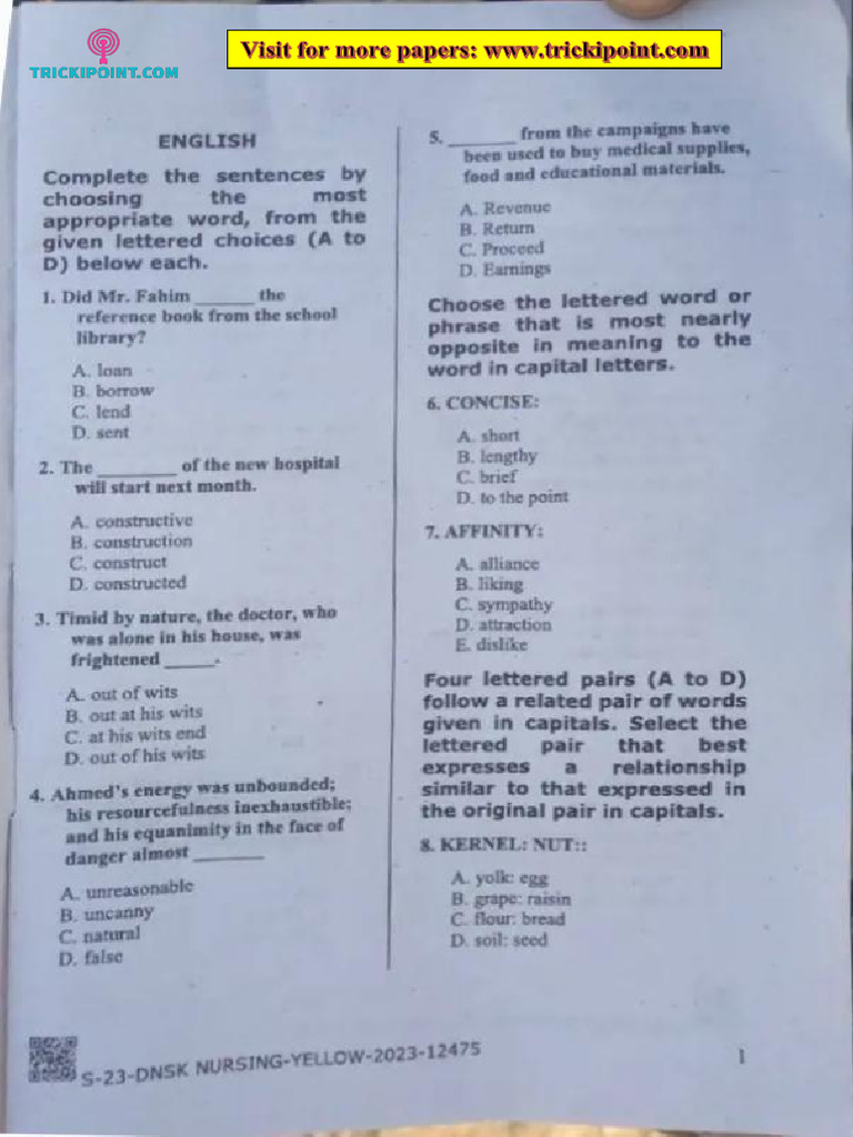 BSN Nursing Entry Test Past Paper | PDF