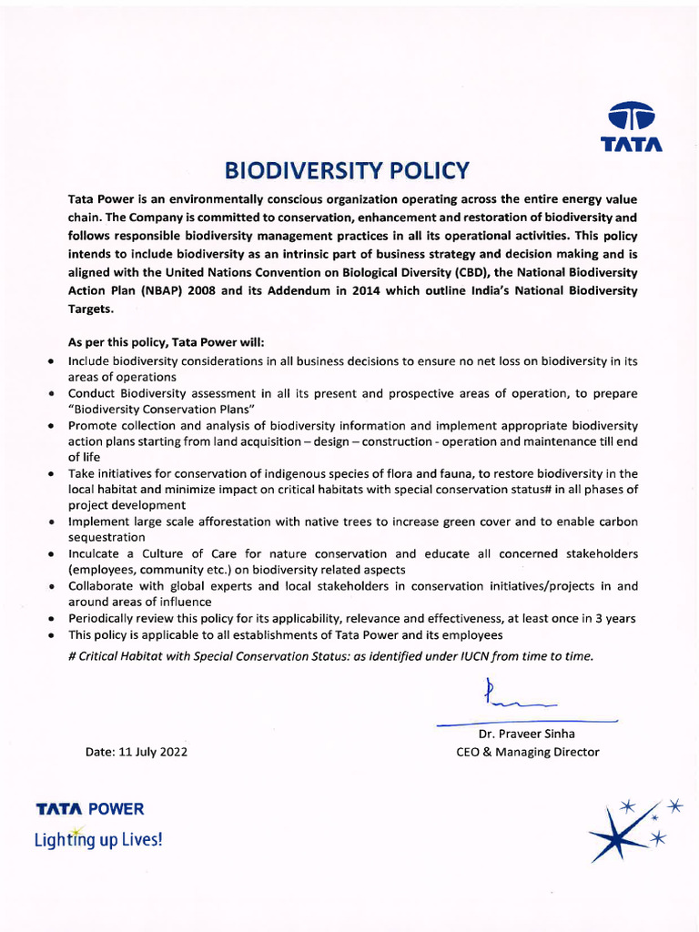Tata Power Bio Diversity Policy | PDF