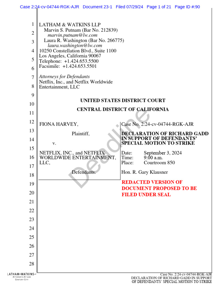 Richad Gadd Declaration Redacted Netflix Baby Reindeer | PDF