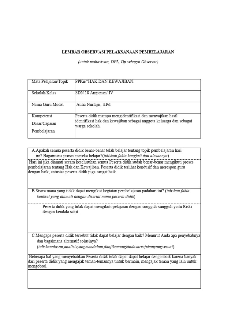S2 - LK 4 Format Lembar Observasi Pelaksanaan Pembelajaran Untuk Observer-PPL II | PDF