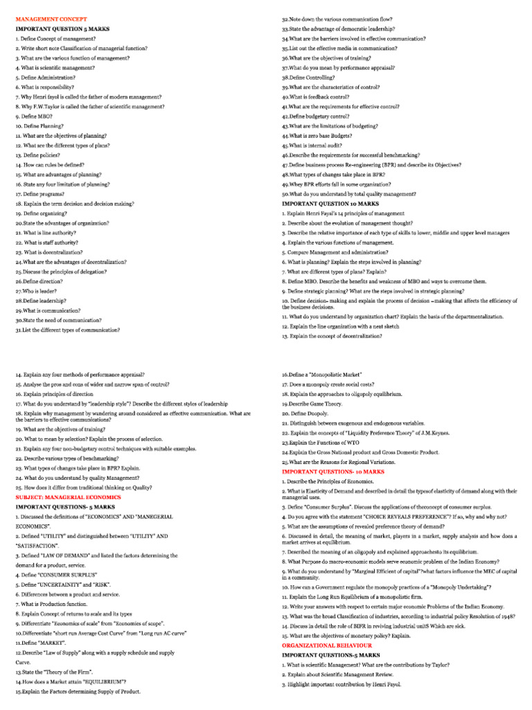 Important Theory Questions | PDF