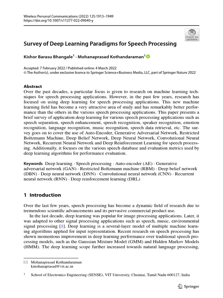 Survey of Deep Learning Paradigms For Speech Processing | PDF | Deep Learning | Artificial ...