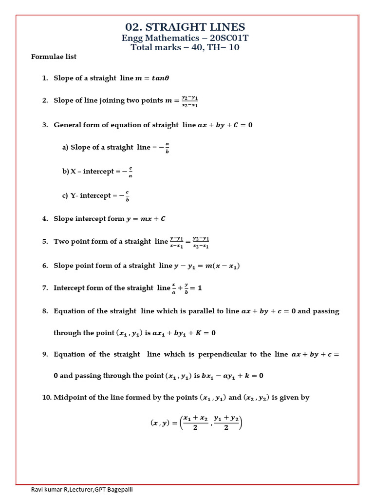 Straight Line Chapter 2 Full Notes | PDF | Line (Geometry) | Slope