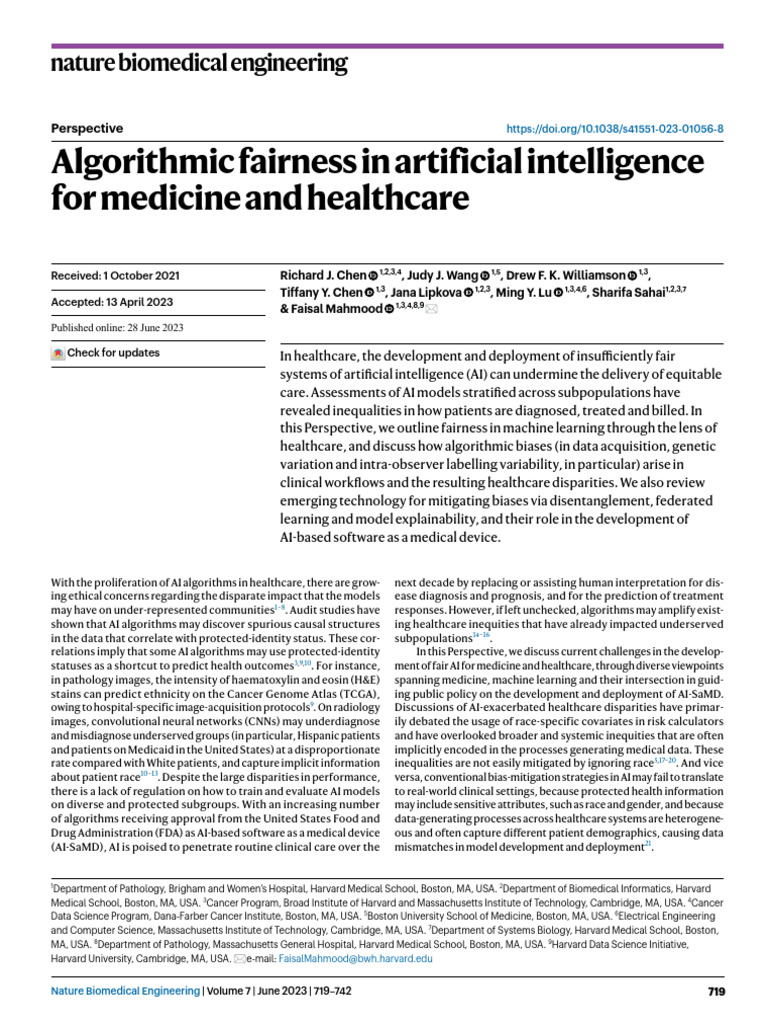 Algorithmic Fairness in Artificial Intelligence For Medicine and Healthcare | PDF | Machine ...