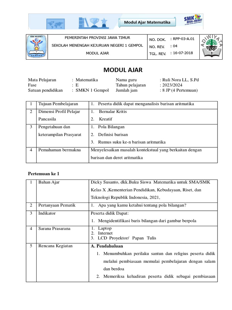 Modul Ajar Barisan Aritmatika | PDF