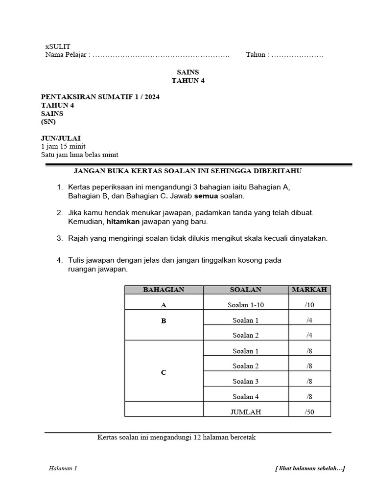 Skema PPT Sains SK THN 4 2024 by Cikgu Gorgeous | PDF