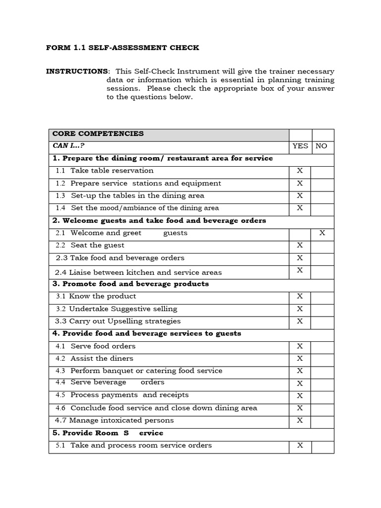 Self-Assessment Check - Food and Beverage Services NC II-final | PDF | Restaurants | Foodservice