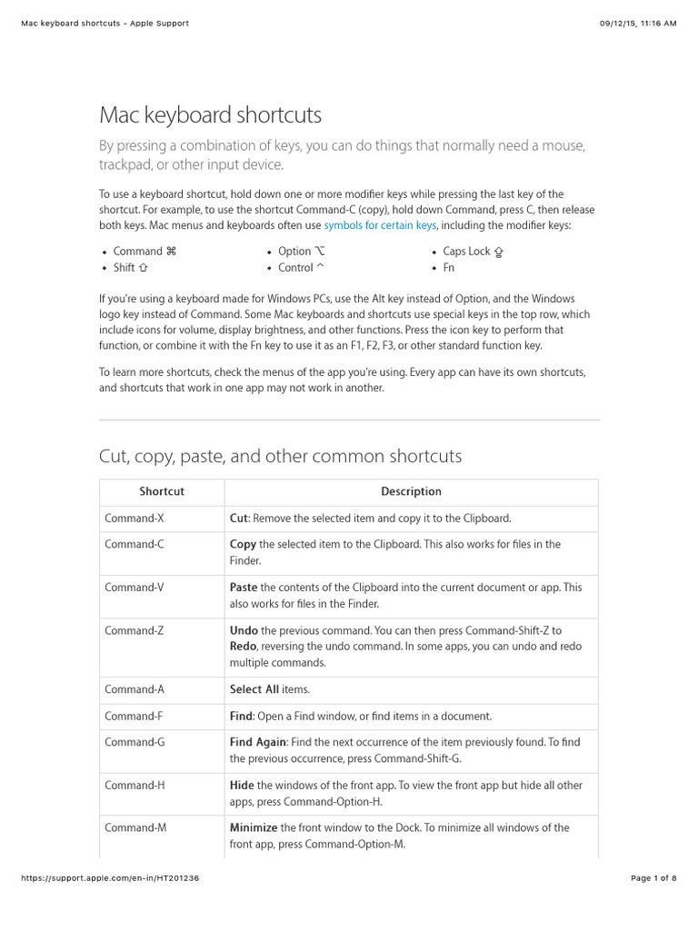 Mac Keyboard Shortcuts - Apple Support | PDF | Finder (Software) | Computer Keyboard