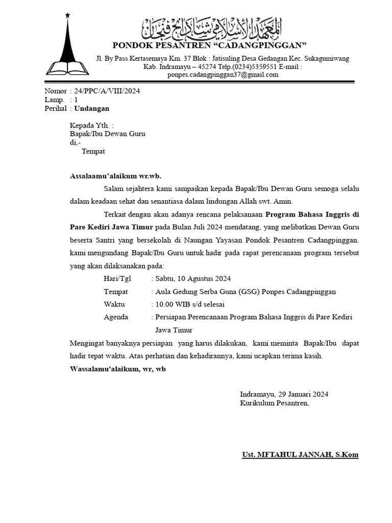 Surat Program Bahasa Inggris Pare | PDF