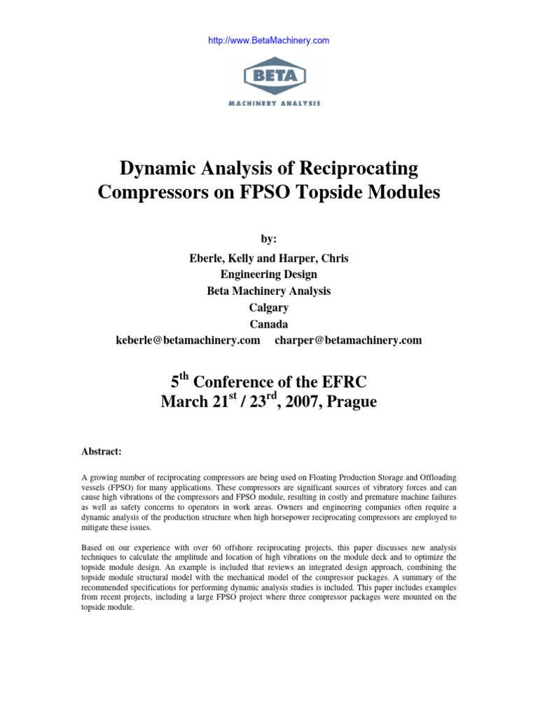 Dynamic Analysis of Reciprocating Compressors On FPSO Topside Modules ...