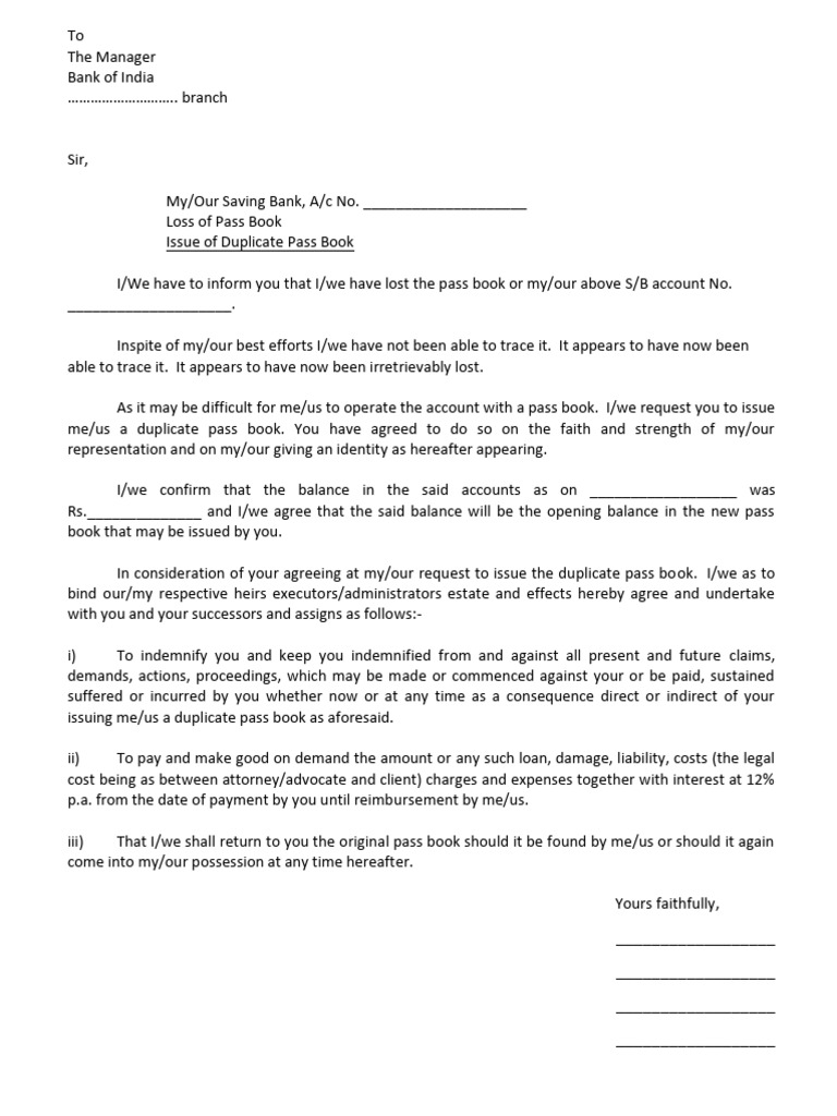 Duplicate Passbook Application Letter | PDF | Indemnity | Personal Finance