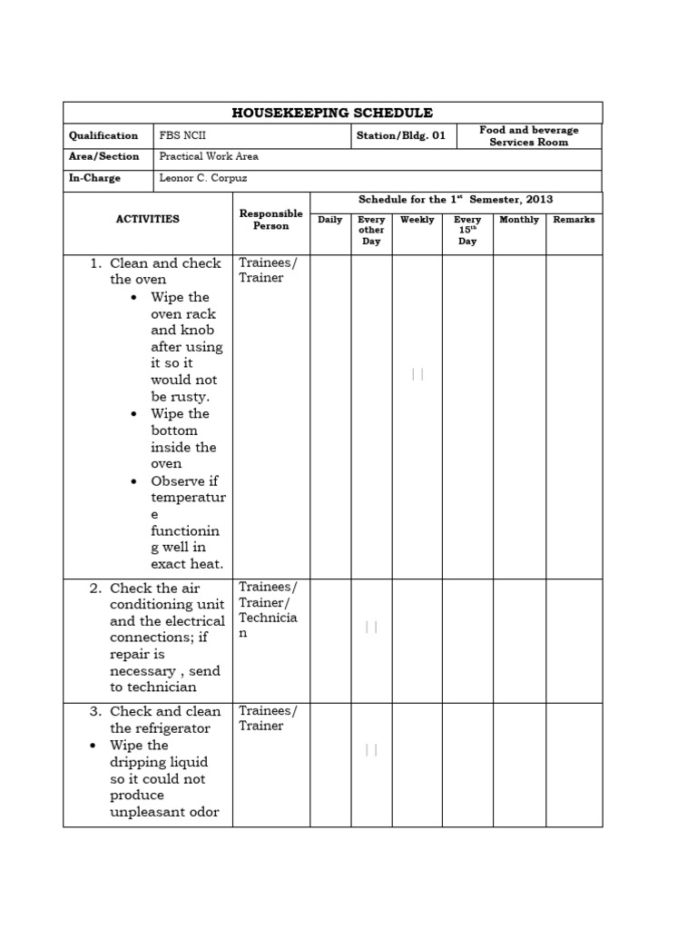 Housekeeping Schedule for Food Services | PDF | Manufactured Goods