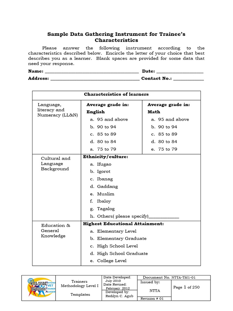 Sample Data Gathering Instrument For Trainee - Final | PDF | Learning ... Sample Data Gathering Instrument For Trainee - Final | PDF | Learning ...
