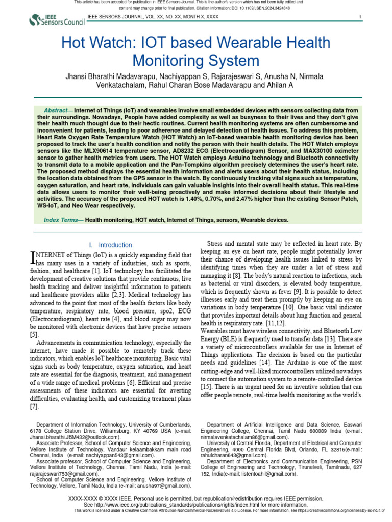 Hot Watch Iot Based Wearable Health Monitoring System Pdf Internet