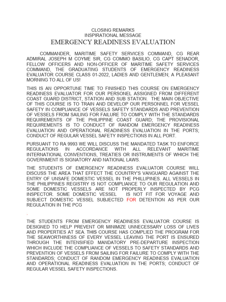 Closing Remarks Emergency Readiness Evaluation Course | PDF