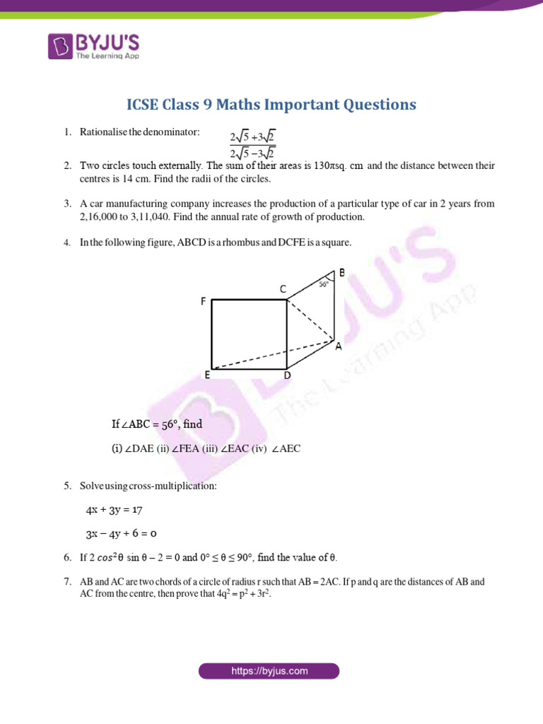 ICSE Class 9 Maths Key Questions | PDF | Elementary Geometry ...