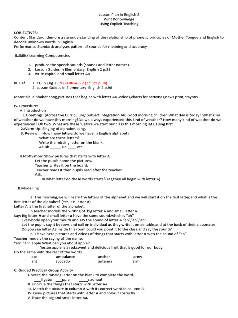 Lesson Plan in English 2 | PDF | English Language | Lesson Plan