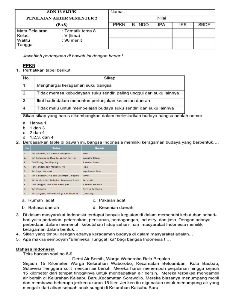 Soal PAS TEMA 8 Kelas 5 SMT 2 | PDF