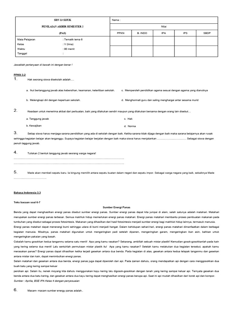 Soal PAS TEMA 6 Kelas 5 SMT 2 | PDF