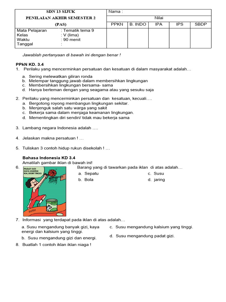 Soal PAS TEMA 9 Kelas 5 SMT 2 | PDF