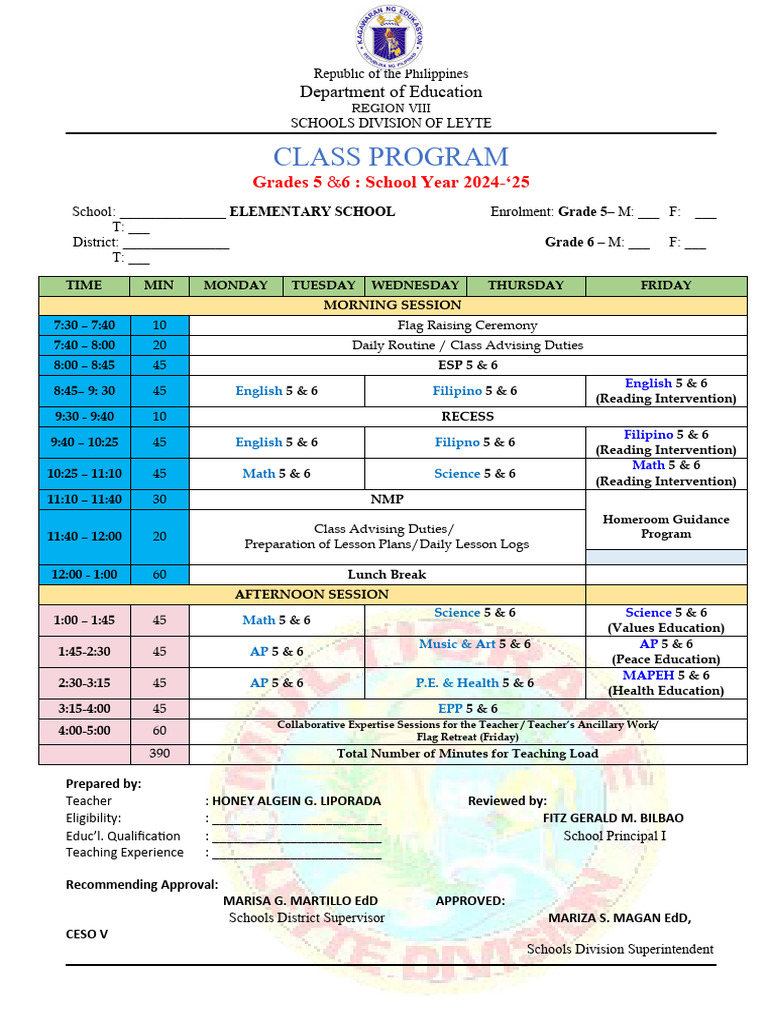 MG Class Program 2024 Grades56 | PDF | Educational Institutions | Schools