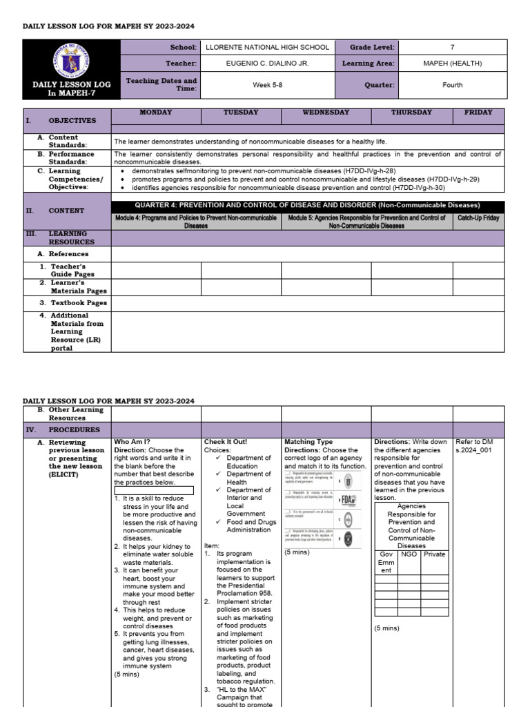 MAPEH-7 Lesson Plan: Non-Communicable Diseases | PDF | Non Communicable ...