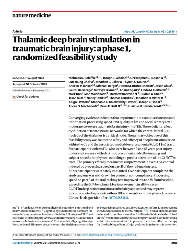Thalamic Deep Brain Stimulation in Traumatic Brain Injury - A Phase 1, Randomized Feasibility ...