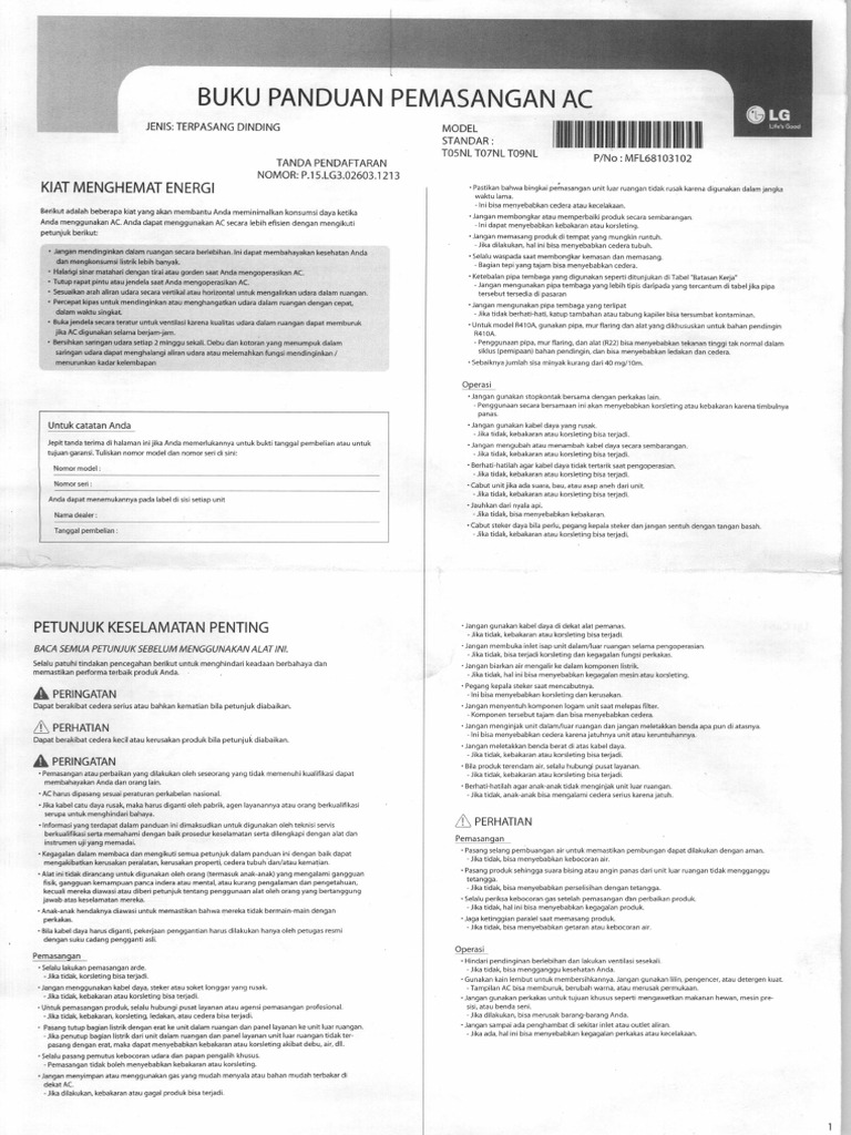 Manual Book AC LG OK. | PDF