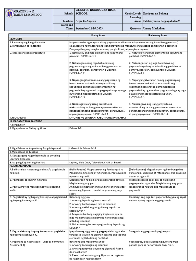 EsP9 DLL Q1 LayuninNgLipunan Part2 | PDF