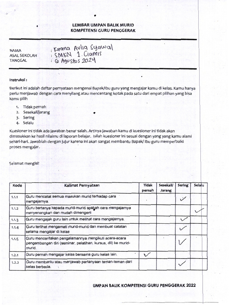 Umpan Balik Siswa 2 | PDF