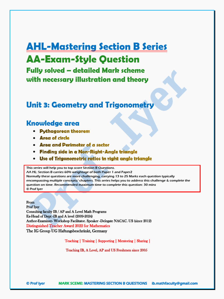 MASTERING SECTION B - Unit 3 Trigonometry and Geometry 27 Marks AA HL ...