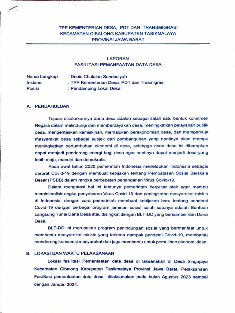 Laporan Fasilitasi Pemanfaatan Data Desa - Singajaya - 1 | PDF